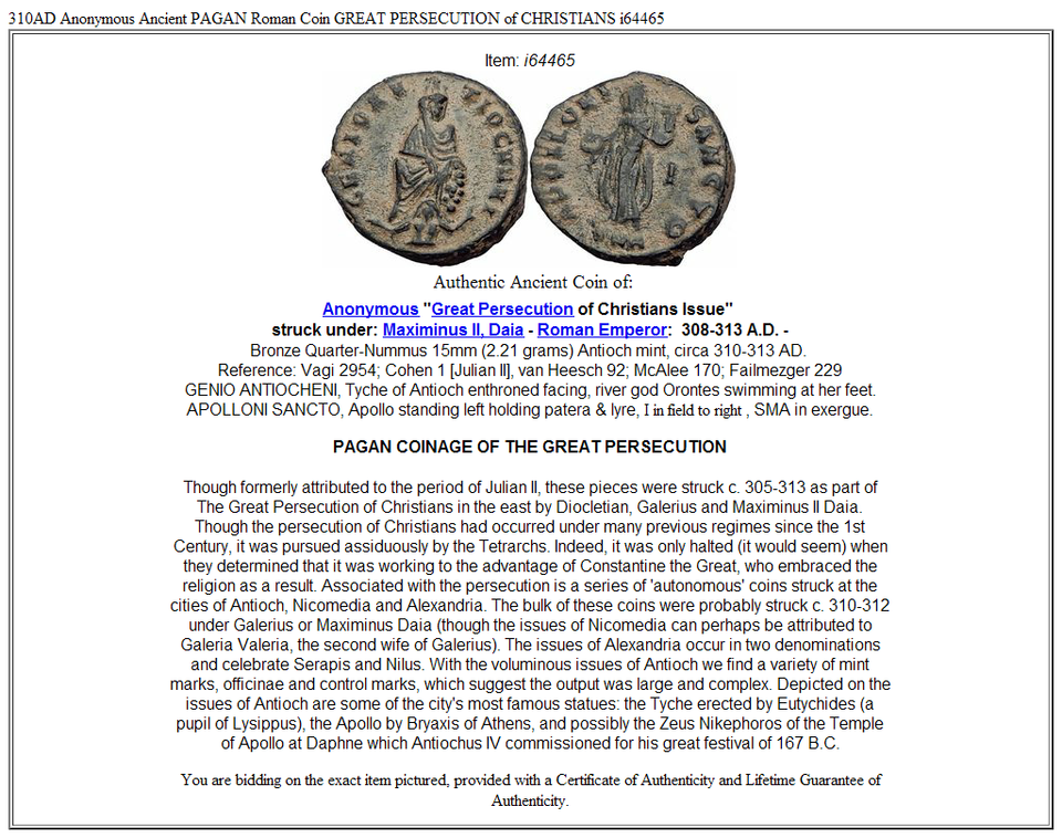 310AD Anonymous Ancient PAGAN Roman Coin GREAT PERSECUTION of ...