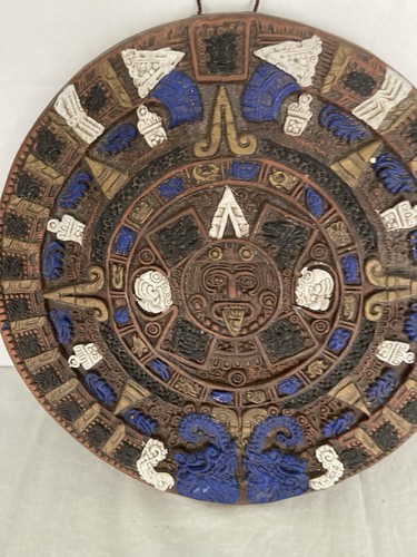 VTG. WALL PLAQUE 10" Round Clay Painted AZTEC MAYAN Sun Dial Mexican ...