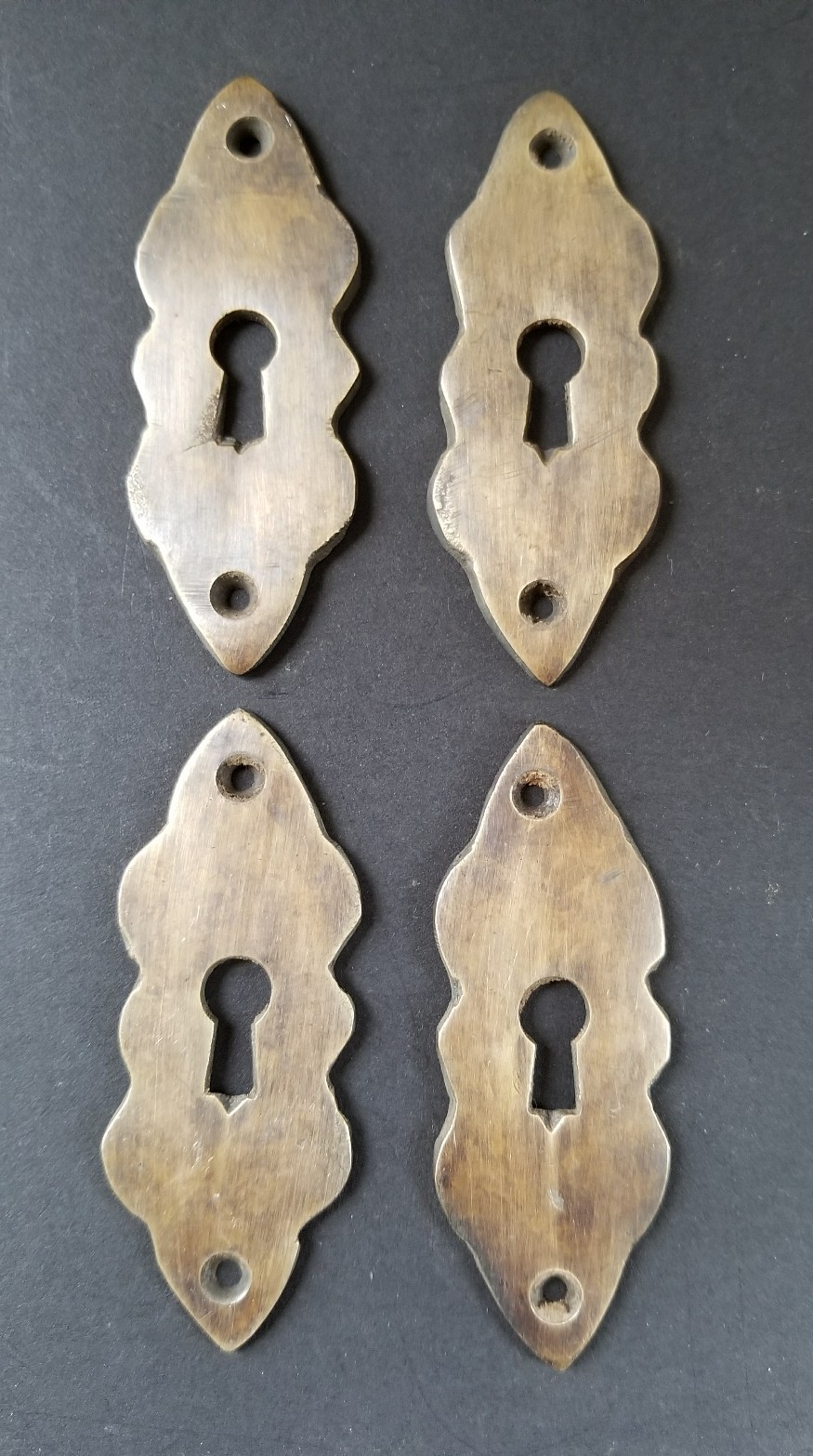 4 vintage antique brass escutcheons 2 3/4" tall x 1" wide, jewelry ...