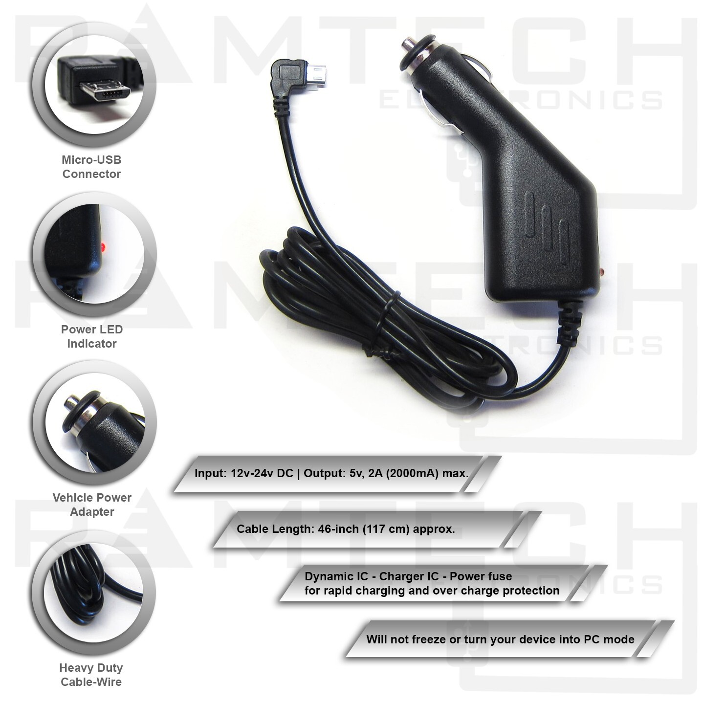 2A DC Micro USB Car Power Charger Cable For 7" Garmin Nuvi 2789 LMT GPS ...