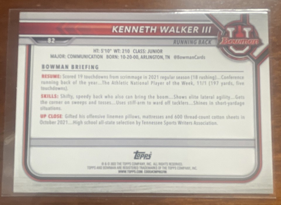 2022 Topps Bowman U Kenneth Walker III 1st Bowman ROOKIE RC #82 ...