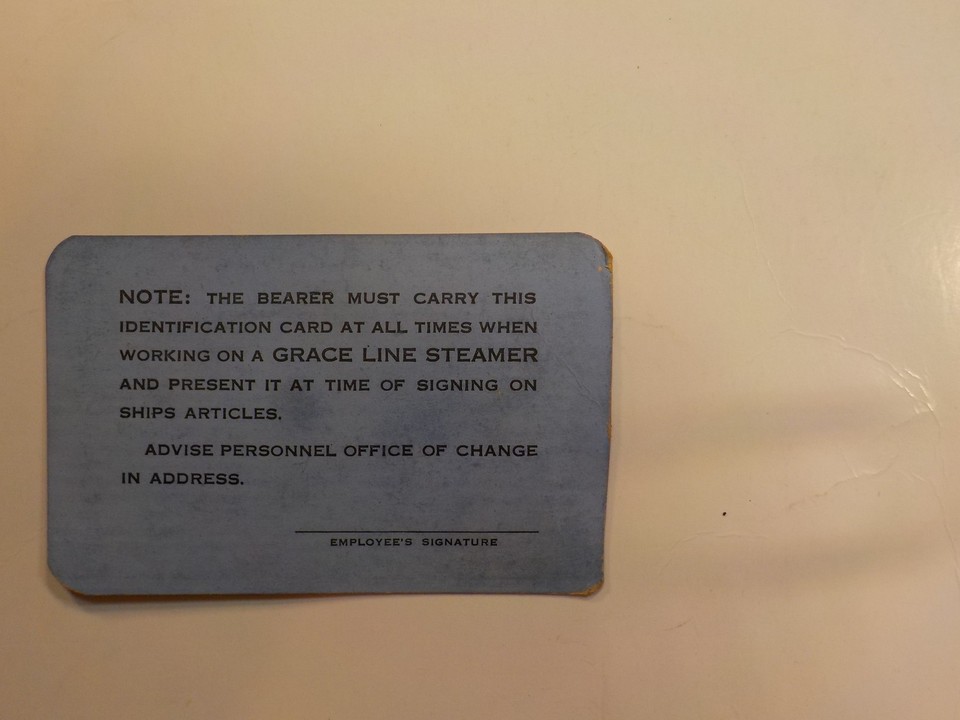 WW2 Merchant Marine ID Card Grace Line Linden New Jersey Vintage War ...