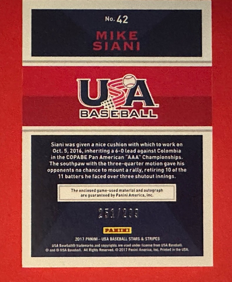 2017 MIKE SIANI PANINI SIGNATURE CARD AUTO | eBay