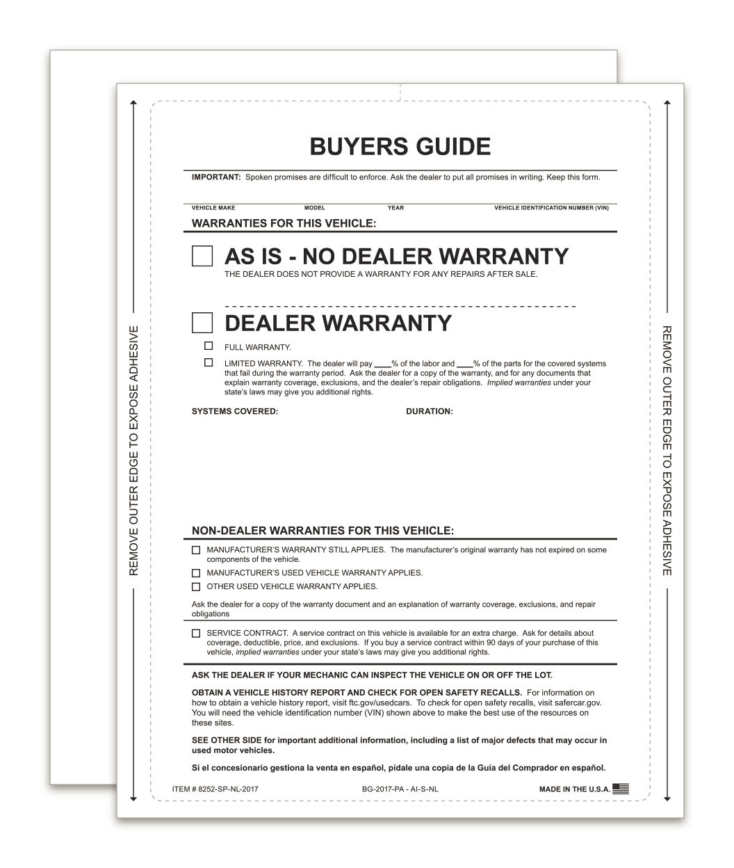 Federal Buyers Guides / AS IS Forms / Interior Seals on All 4 Sides ...