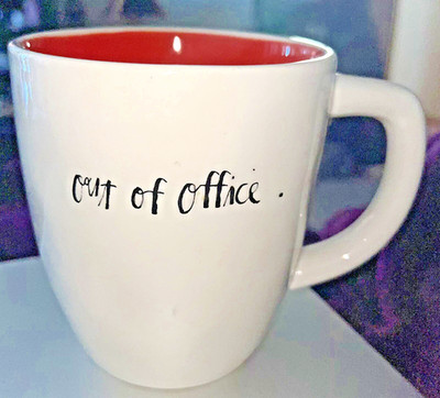 Rae Dunn 'Out of Office' Mug - white with bright orange inside | eBay UK