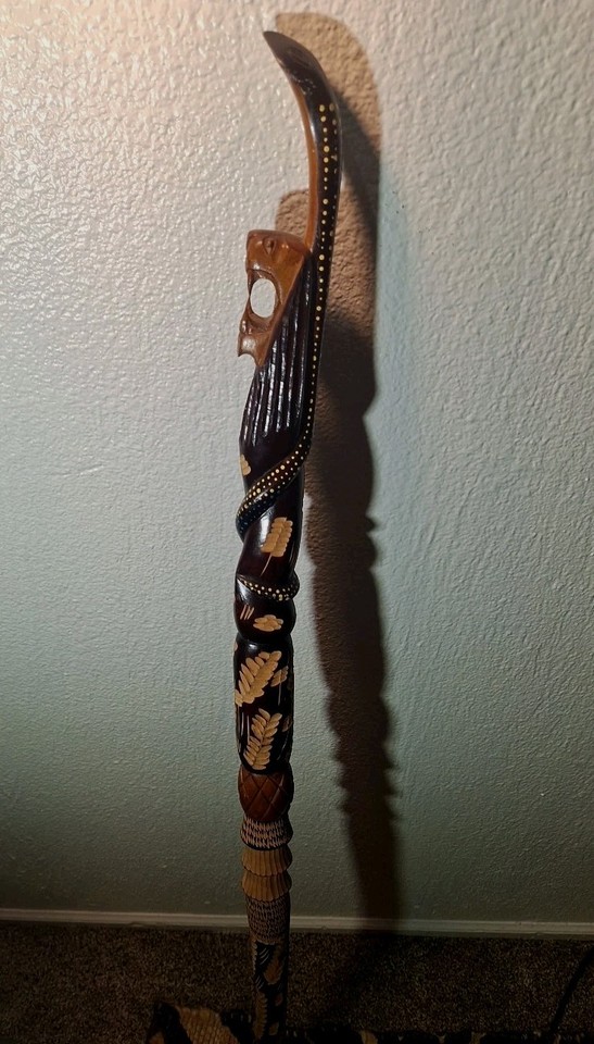 Carved Folk Art Walking Stick Cane Staff Snake Head Jamaican Magic ...