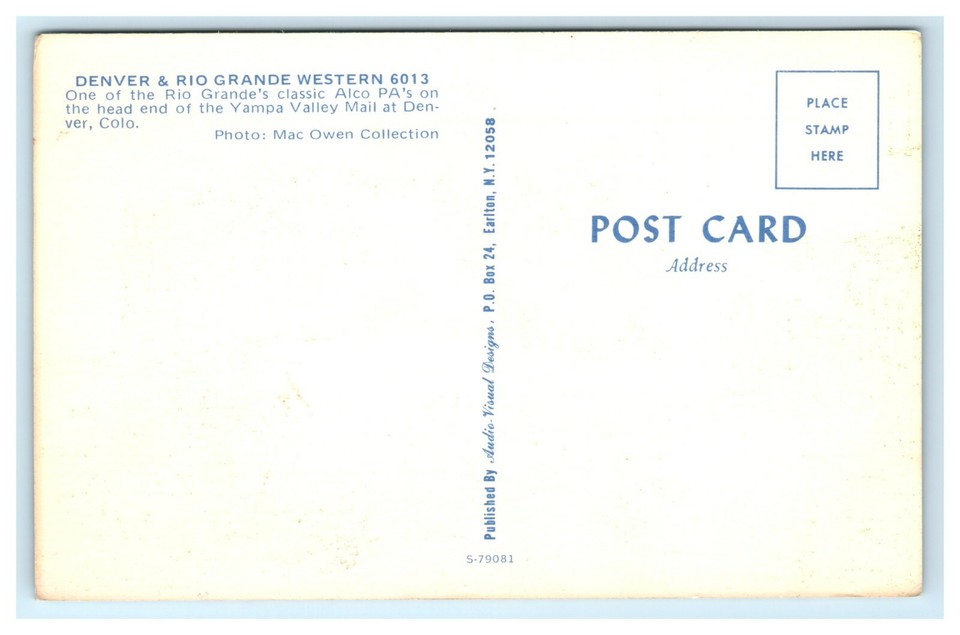 POSTCARD Denver & Rio Grande Western 6013 Alco PA Yampa Valley Mail ...