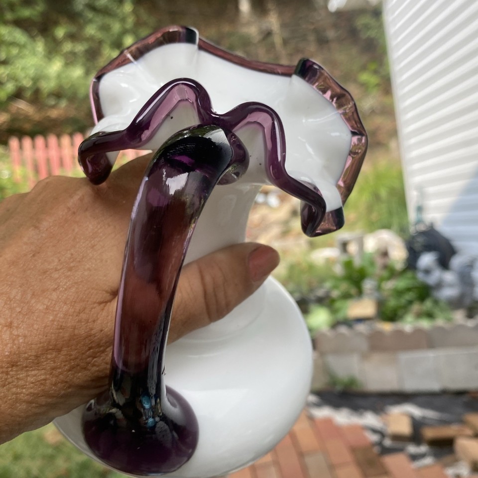 Fenton Plum Crest Ruffle Pitcher Vase White Amethyst Purple W/Handle 6 ...