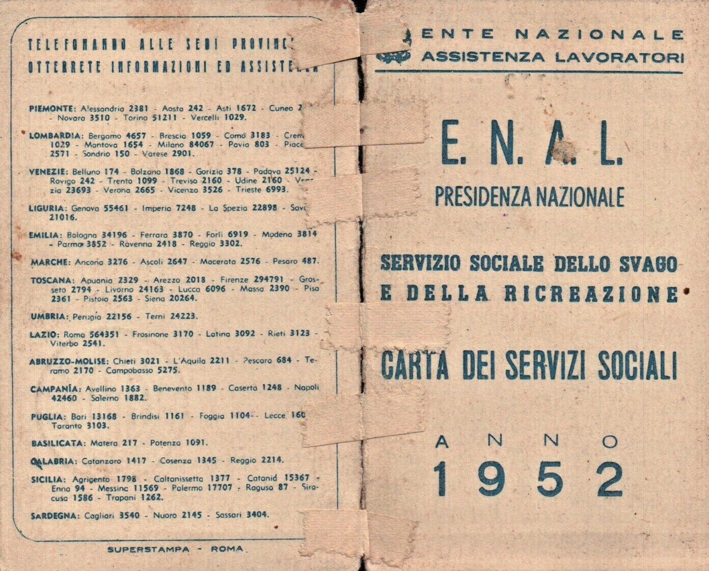 TESSERA 1952 - ENAL ENTE NAZIONALE ASSISTENZA LAVORATORI - ROCCA | eBay