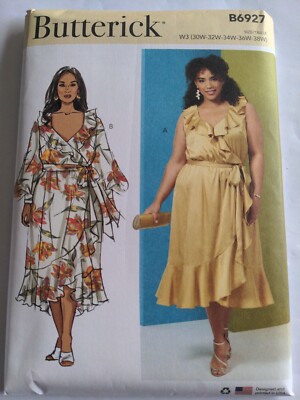 BUTTERICK SEWING PATTERN B6927 Sz 30-38W FLARED WRAP DRESS SLEEVE ...