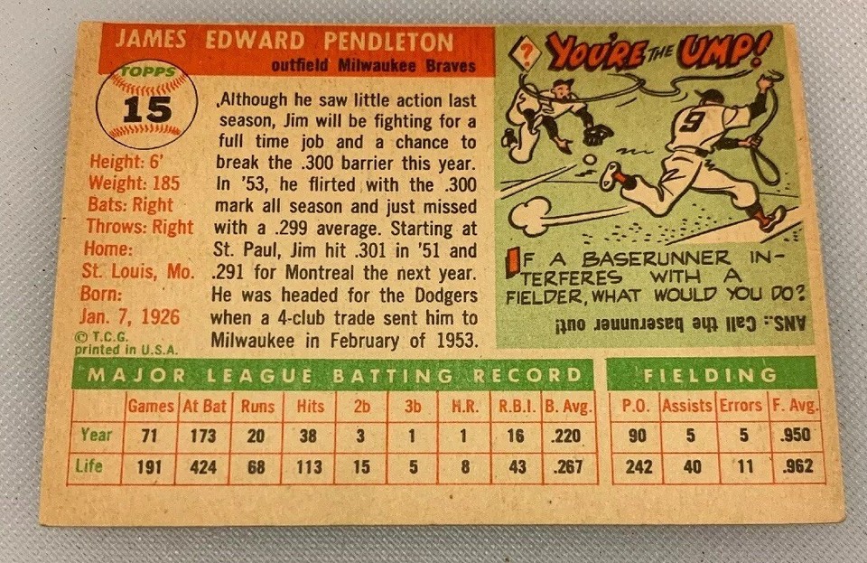 1955 Topps # 15 Jim Pendleton Baseball Card Milwaukee Braves | eBay