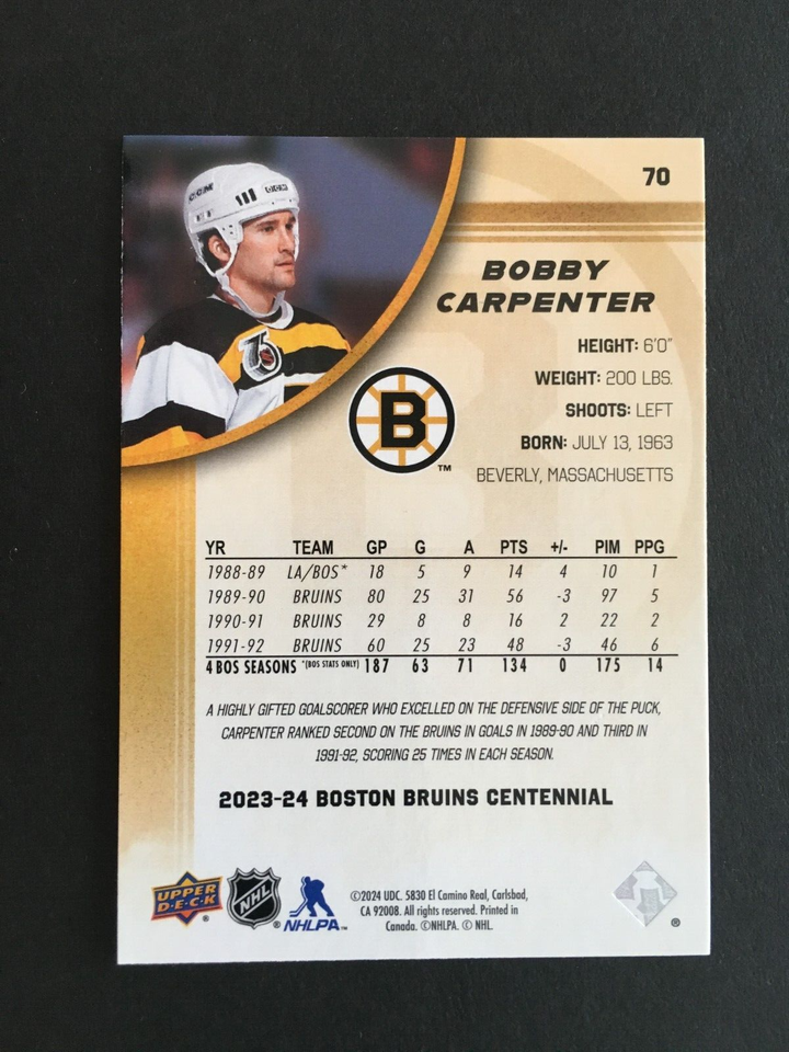 BOBBY CARPENTER # 70 AUTOGRAPHED 2023/24 U.D. BOSTON BRUINS CENTENNIAL ...