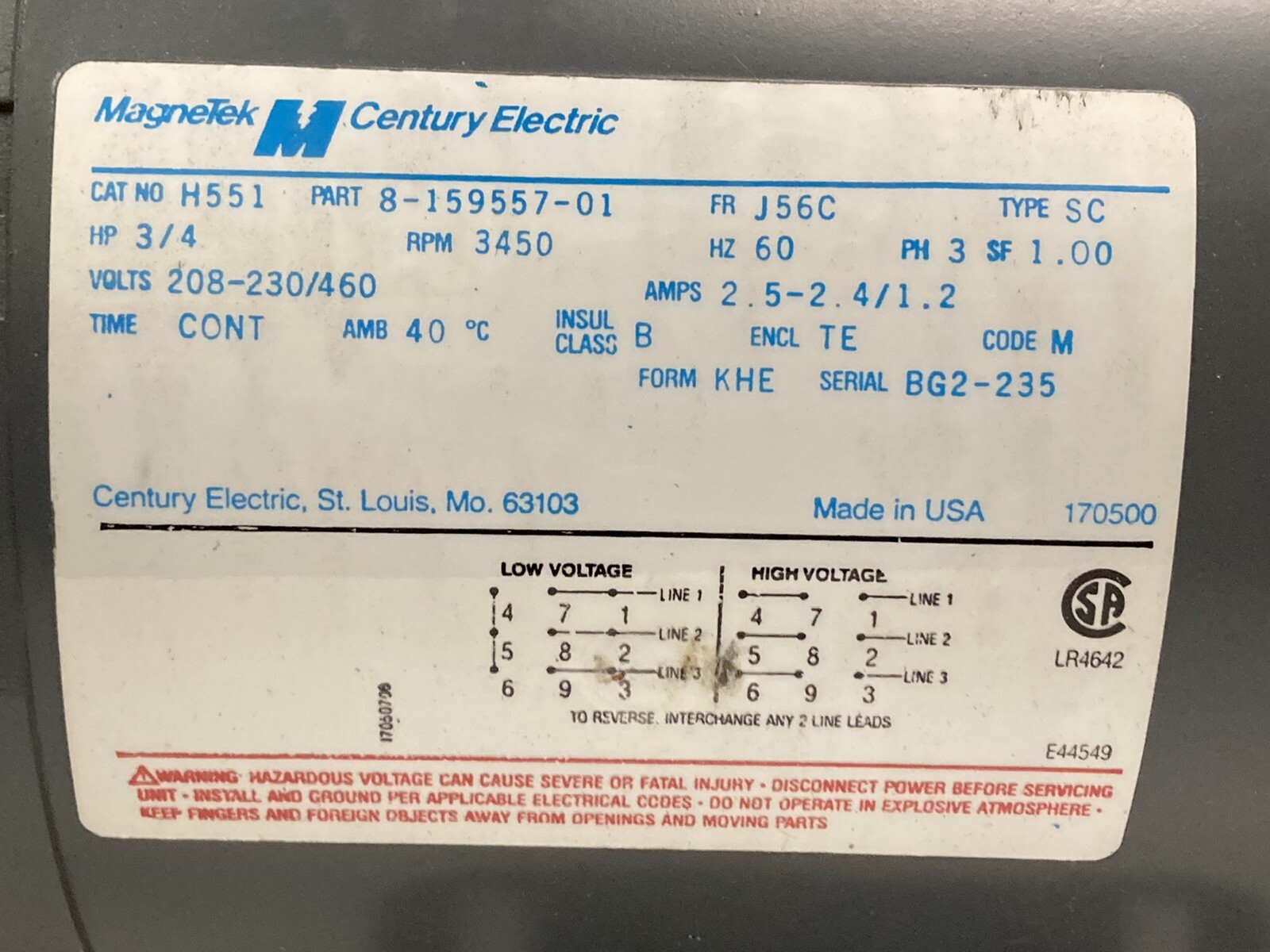 Magnetek,8-159557-01,3/4 Hp AC Motor 3450 RPM 208-230/460 Volts J56C ...