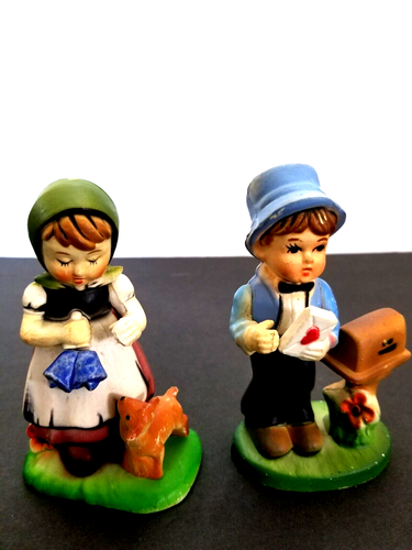 Vintage 4.25" Hummel Style Resin Figurines, Boy w/Mail/Girl w/Bells ...