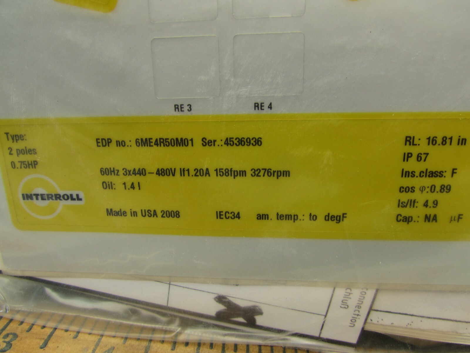 INTERROLL 138E ,DRUM MOTOR, .75 HP, 158 FPM, 460 V, 60 Hz, 3 Ph, 16 ...