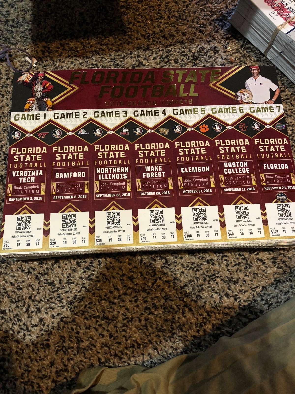 2018 FLORIDA STATE SEMINOLES FOOTBALL SEASON TICKET STRIP SHEET STUB ...
