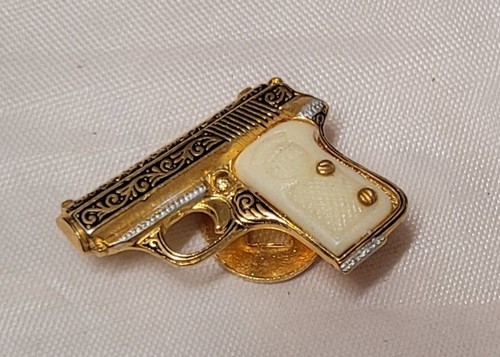 VINTAGE BADGE BOUTONNIÈRE PISTOLET REVOLVER OR DE TOLÈDE CELLULOÏD ...