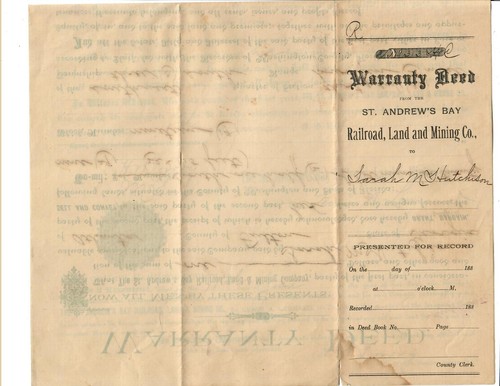 1888 St. Andrew’s Bay Railroad Land & Mining Co, Property Warranty Deed ...