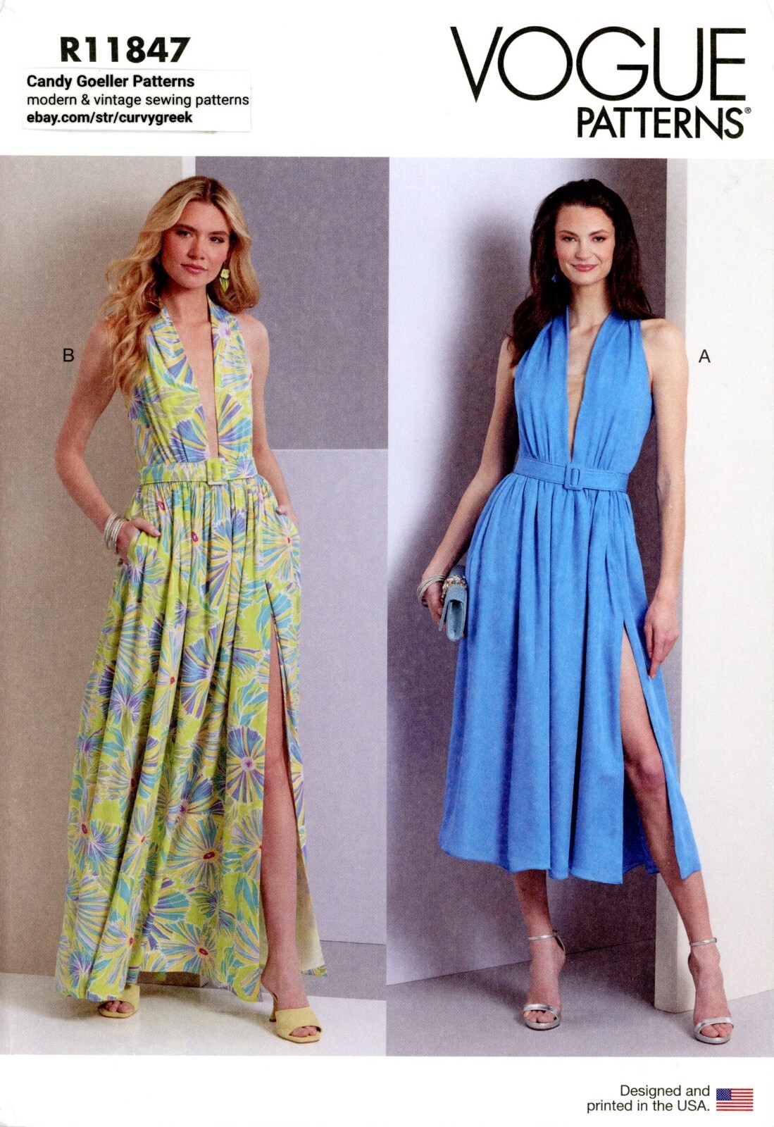 Vogue R11847 Belted Dress w Plunge Neckline, Inset, Slit, Pockets Sz 16 ...