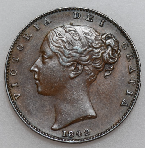 SCARCE 1842 VICTORIA YOUNG HEAD FARTHING, GRɅTTIɅ ERROR BRITISH COPPER ...
