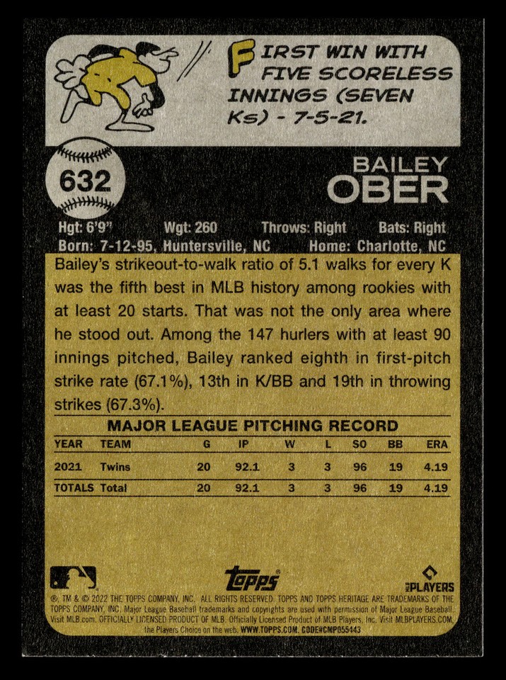Bailey Ober 2022 Topps Heritage #632 Minnesota Twins Buy10get5FREE | eBay