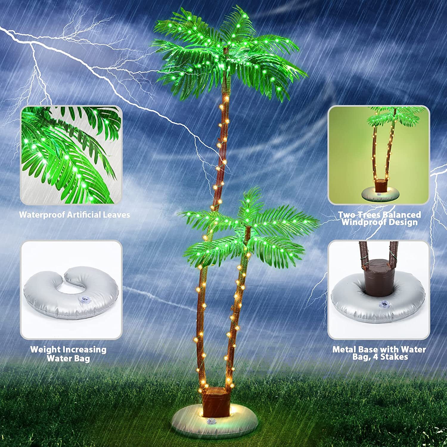 6FT Solar Lighted LED Artificial Palm Tree Remote Control for Patio ...