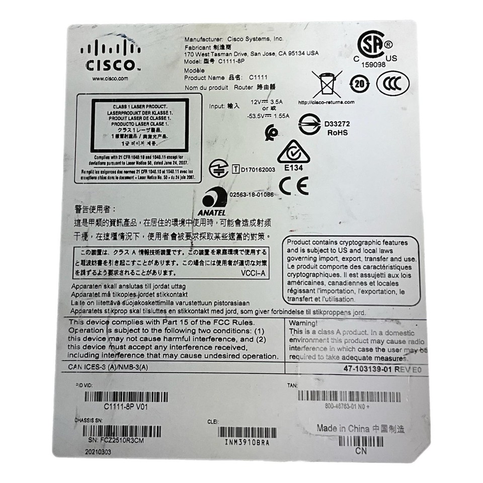 8 Port 1GB RJ45 Cisco ISR 1100 Series C1111-8P Integrated Services ...