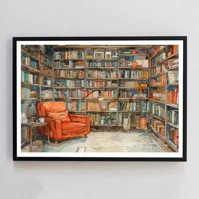 Home Library Living Room Watercolour Painting 7x5 Illustration Wall Art ...