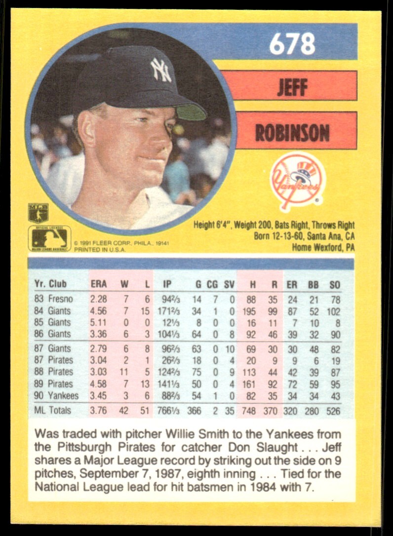 1991 Fleer Baseball Card Jeff Robinson New York Yankees #678 | eBay