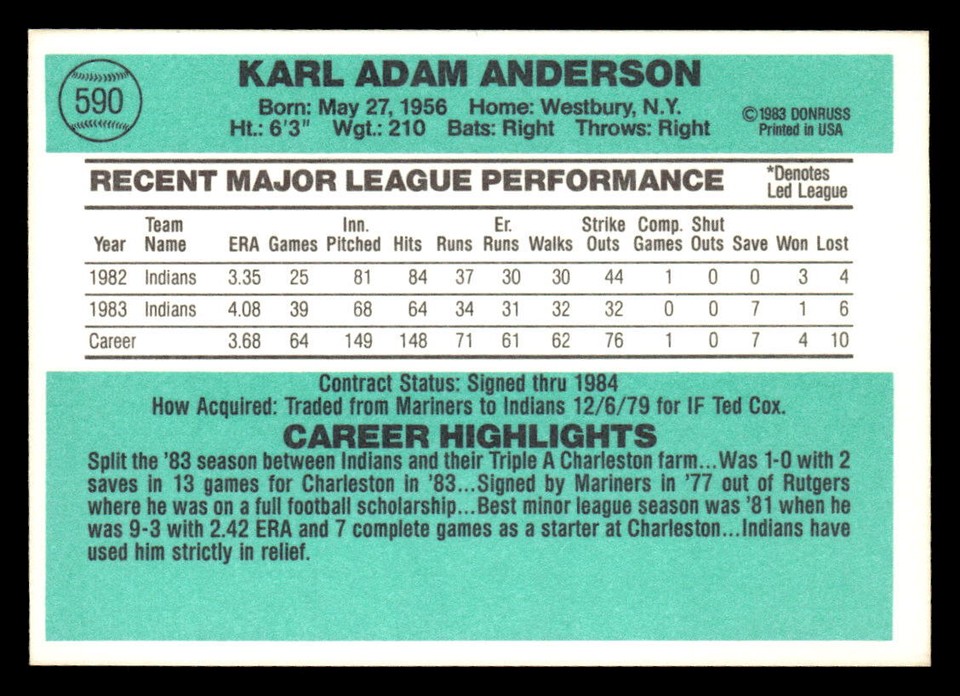 Bud Anderson 1984 Donruss Card #590 Cleveland Indians | eBay