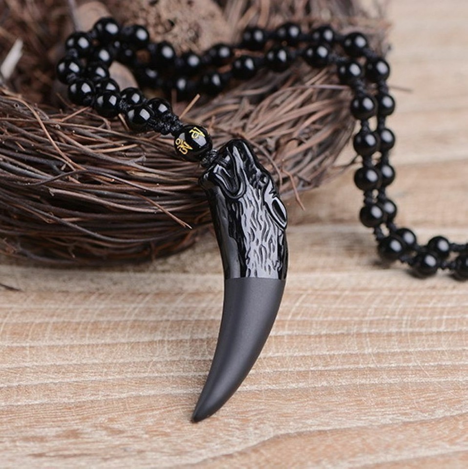 Natural black Obsidian Crystal Wolf Tooth Necklace pendant bead with ...