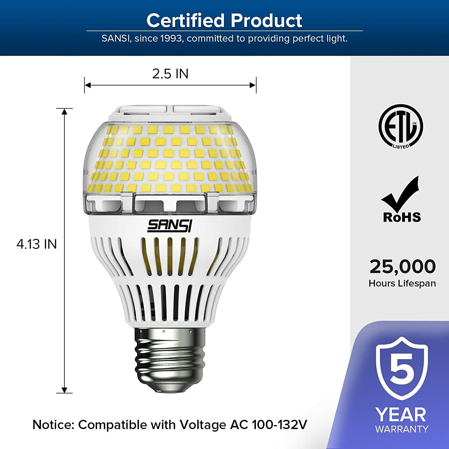 SANSI 17W=200W LED Light Bulbs 2500lm Dimmable 5000K Daylight White ...