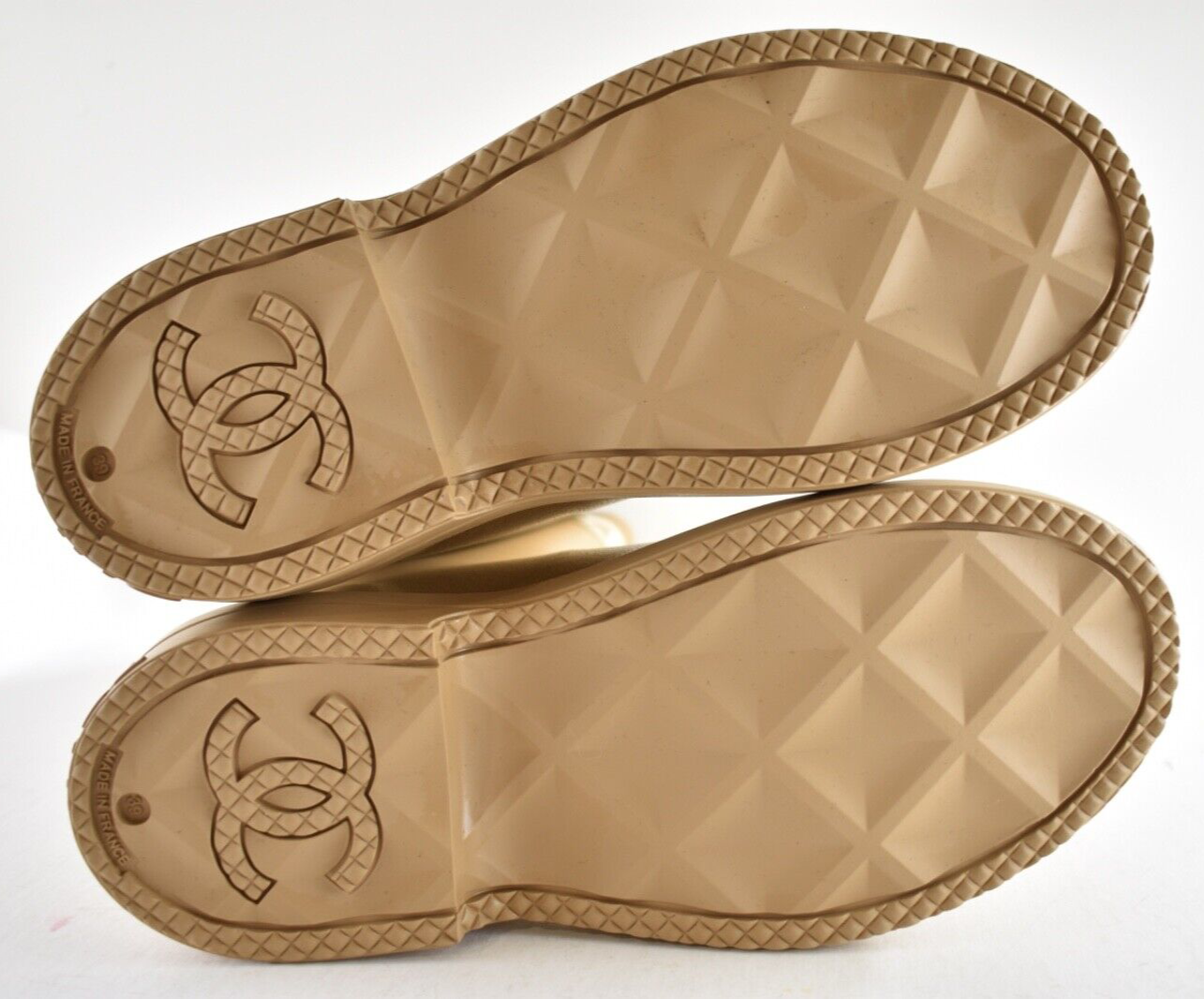 Chanel REV Beige White Wellington Wellies CC Logo Pull On Rubber Rain ...