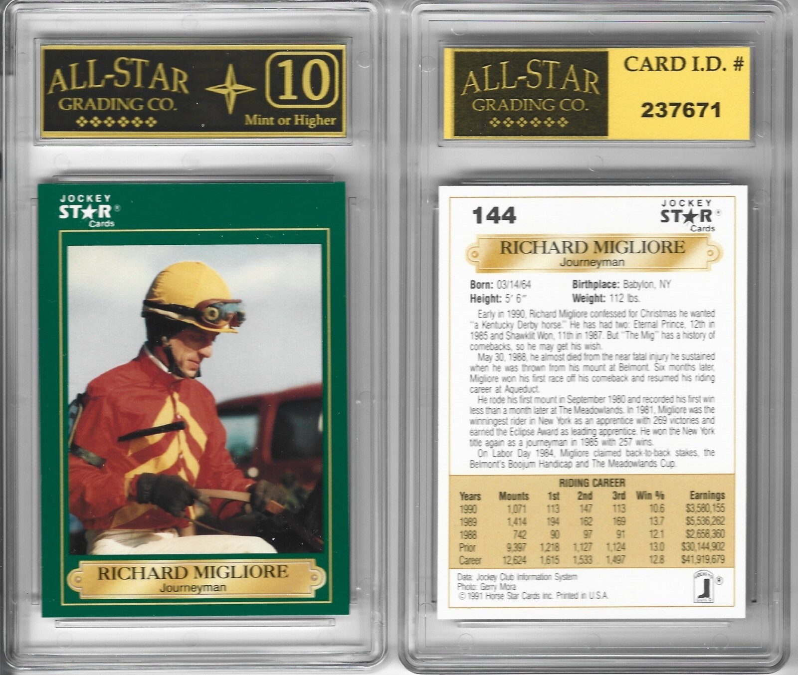 Richard Migliore 1991 Horse Star Cards Jockeys #144 ASG 10 MINT | eBay