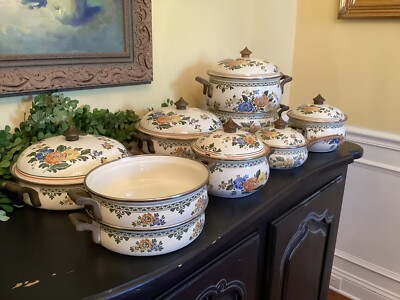 Vintage “ASTA” Cookware Set Brass Handle Enamelware 9 Piece Set W Lids ...