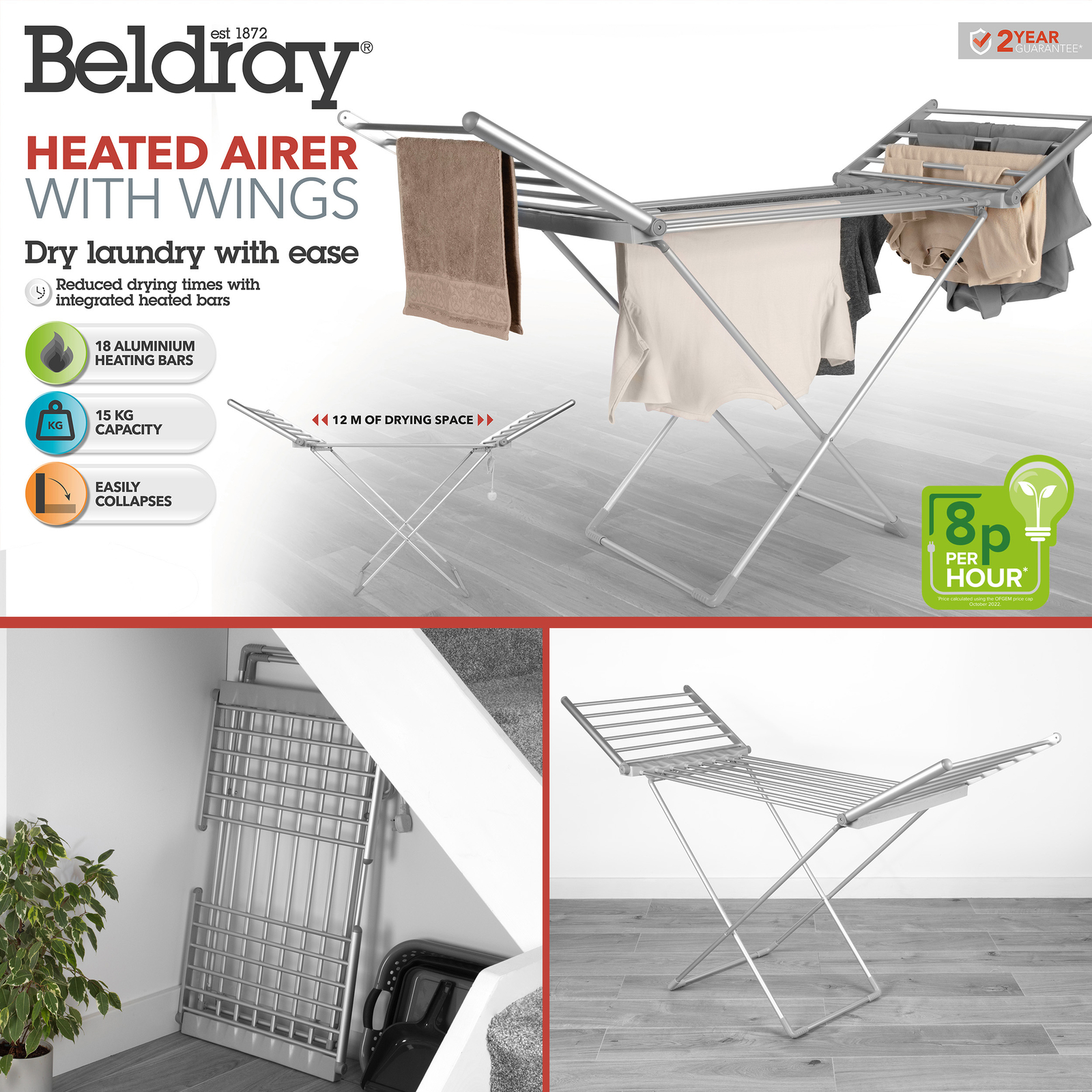 Beldray Heated Clothes Airer Drying Rack Collapsible Heated Bars ...