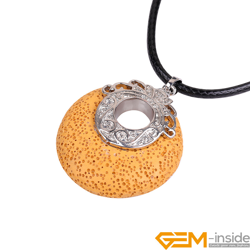 40mm Coin Lava Volcanic Sponge Stone Pendant Leather Necklace Fashion ...