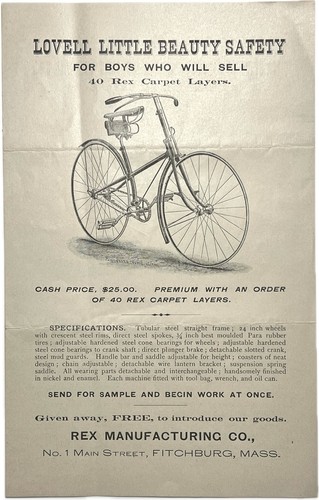 1890 LOVELL ARMS CO SAFETY BICYCLE AD FLYER REX MANUFACTURING FITCHBURG ...