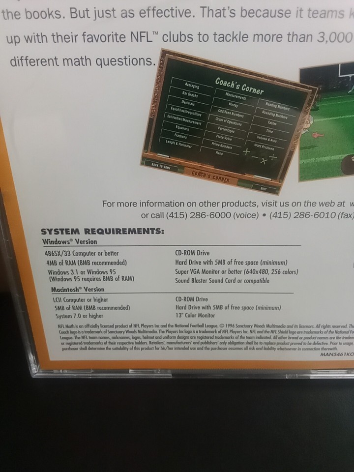 NFL Math 2nd Edition Head Coach 1996 PC CD-ROM Educational Game WIN 3.1 ...