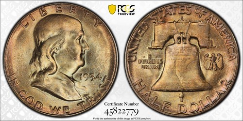1954 S PCGS MS66FBL Full Bell Lines Franklin Half Dollar Mint Set Toned ...