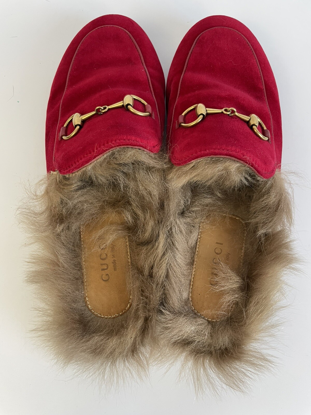 GUCCI Red Velvet Fur Princetown Horsebit Mule Size 37… - Gem