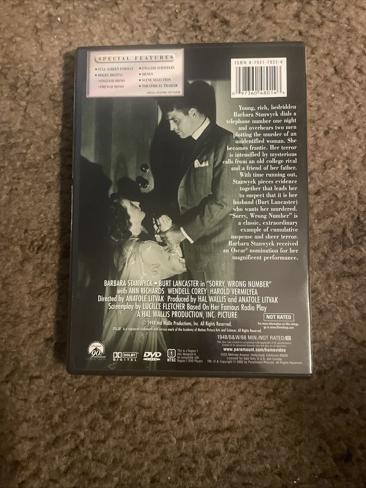 Sorry, Wrong Number DVD W/Insert 1948 Barbara Stanwyck Burt Lancaster ...
