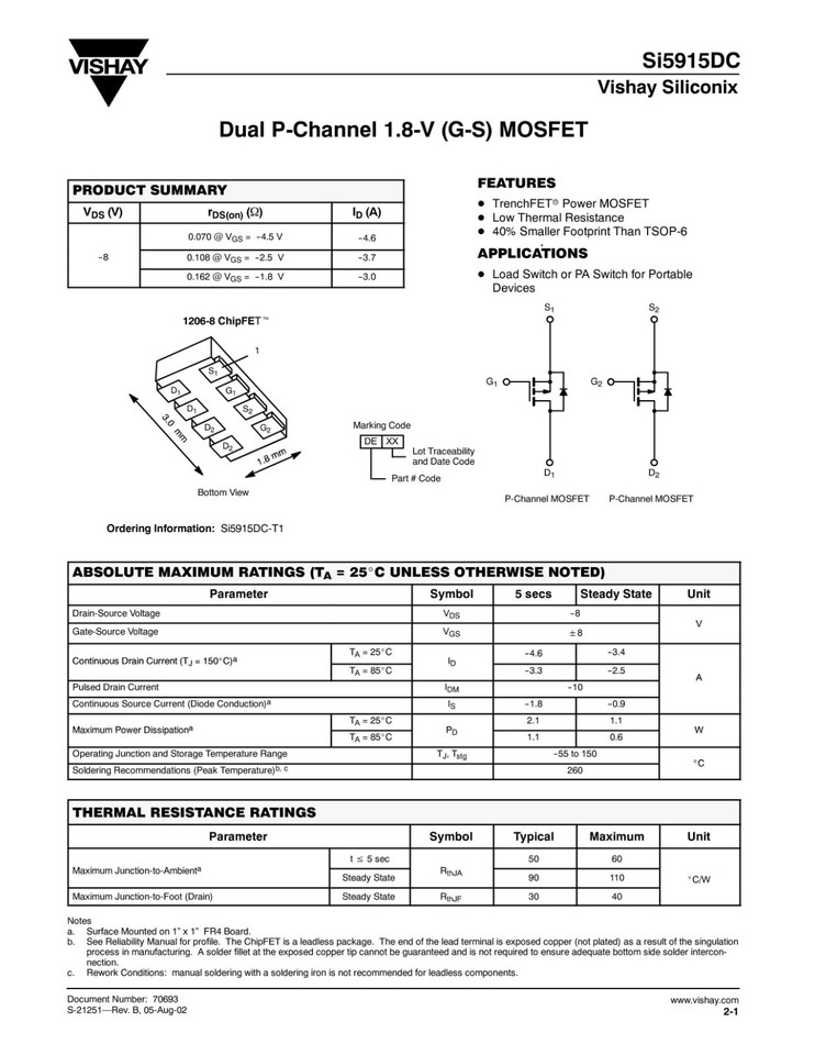SI5915DC-T1, Vishay, Mosfet Array 8V 3.4A 1.1W 8-SMD 1206-8 ChipFET ...