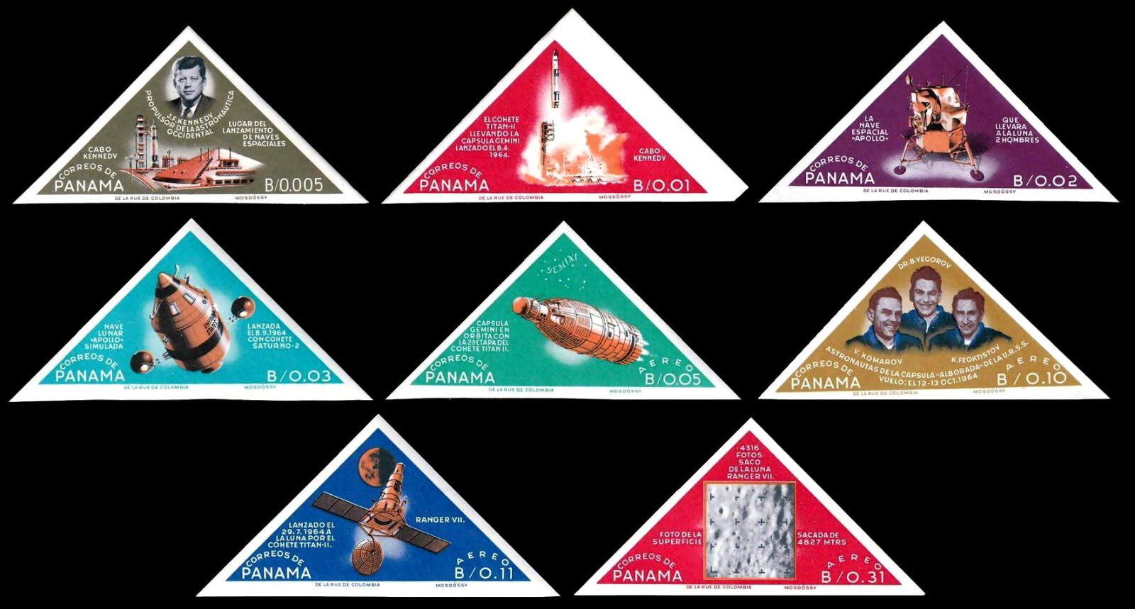 Space, JFK, Triangles. Panama 1965. Sc.459-459G, Mi.804-11. Imperf. MNH ...