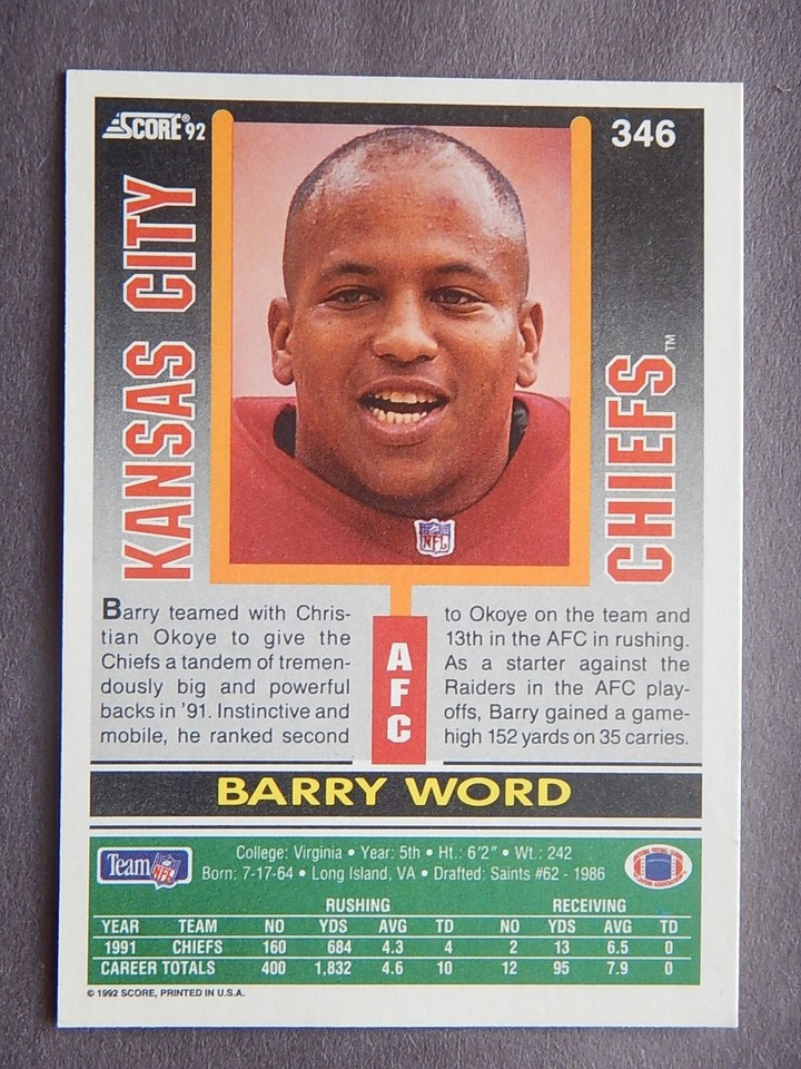 Barry Word #346 Score 1992 Football Card (Kansas City Chiefs) VG | eBay