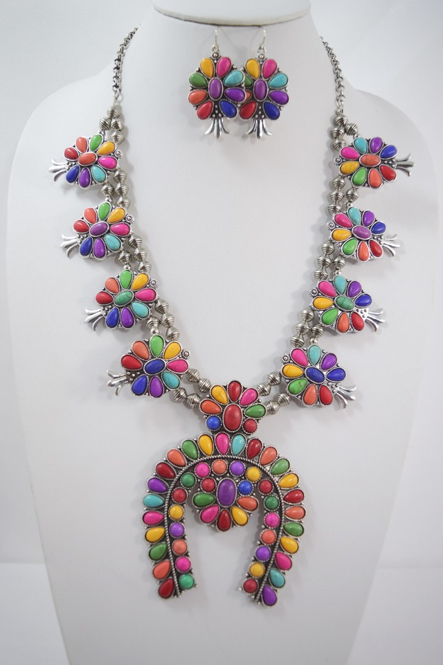 Western Multi Color stone Large Squash Blossom Statement Necklace ...