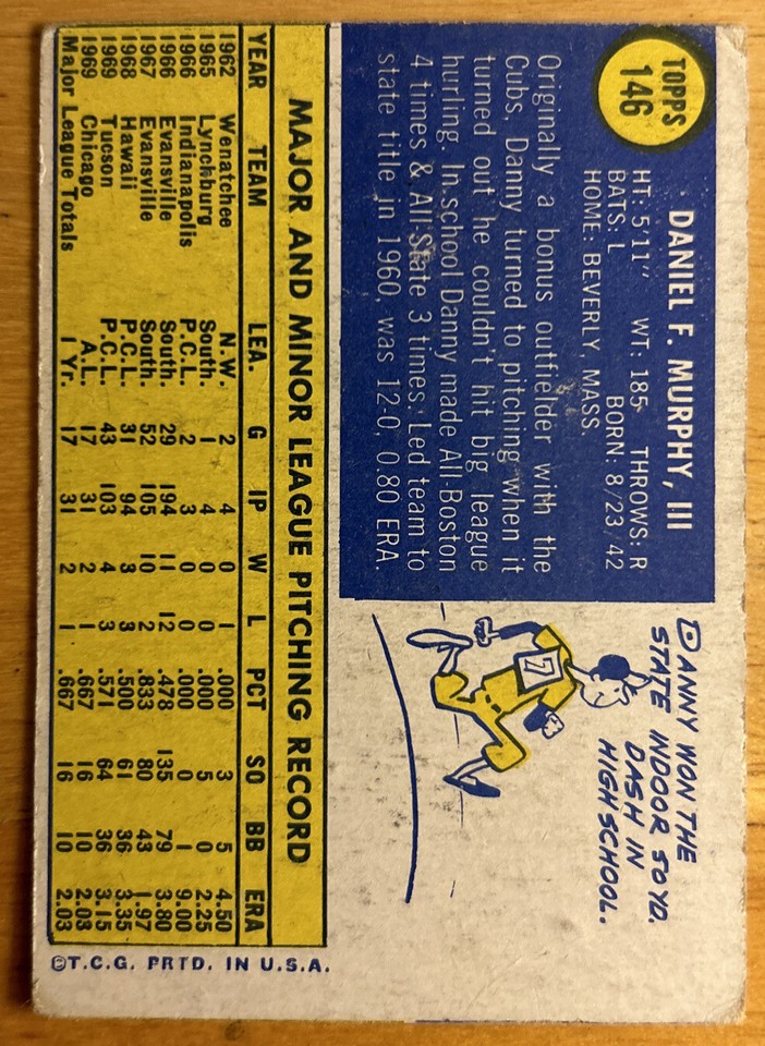 1970 Topps Danny Murphy Card #146 White Sox Pitcher Low Grade Scratches ...