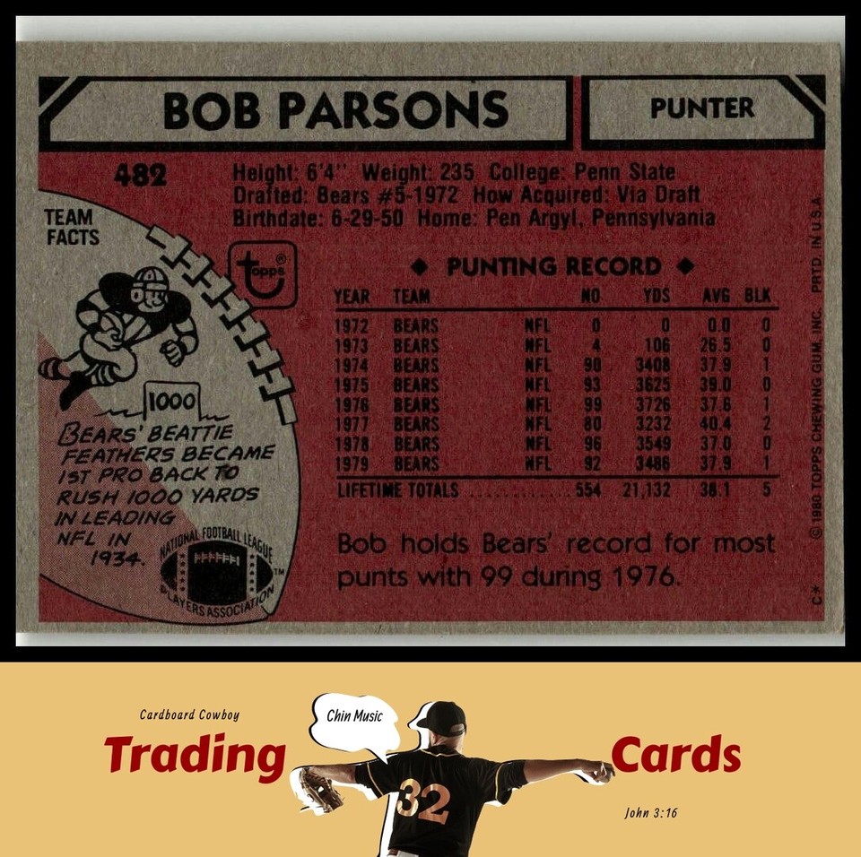 1980 Topps #482 Bob Parsons Chicago Bears Football Card VG | eBay