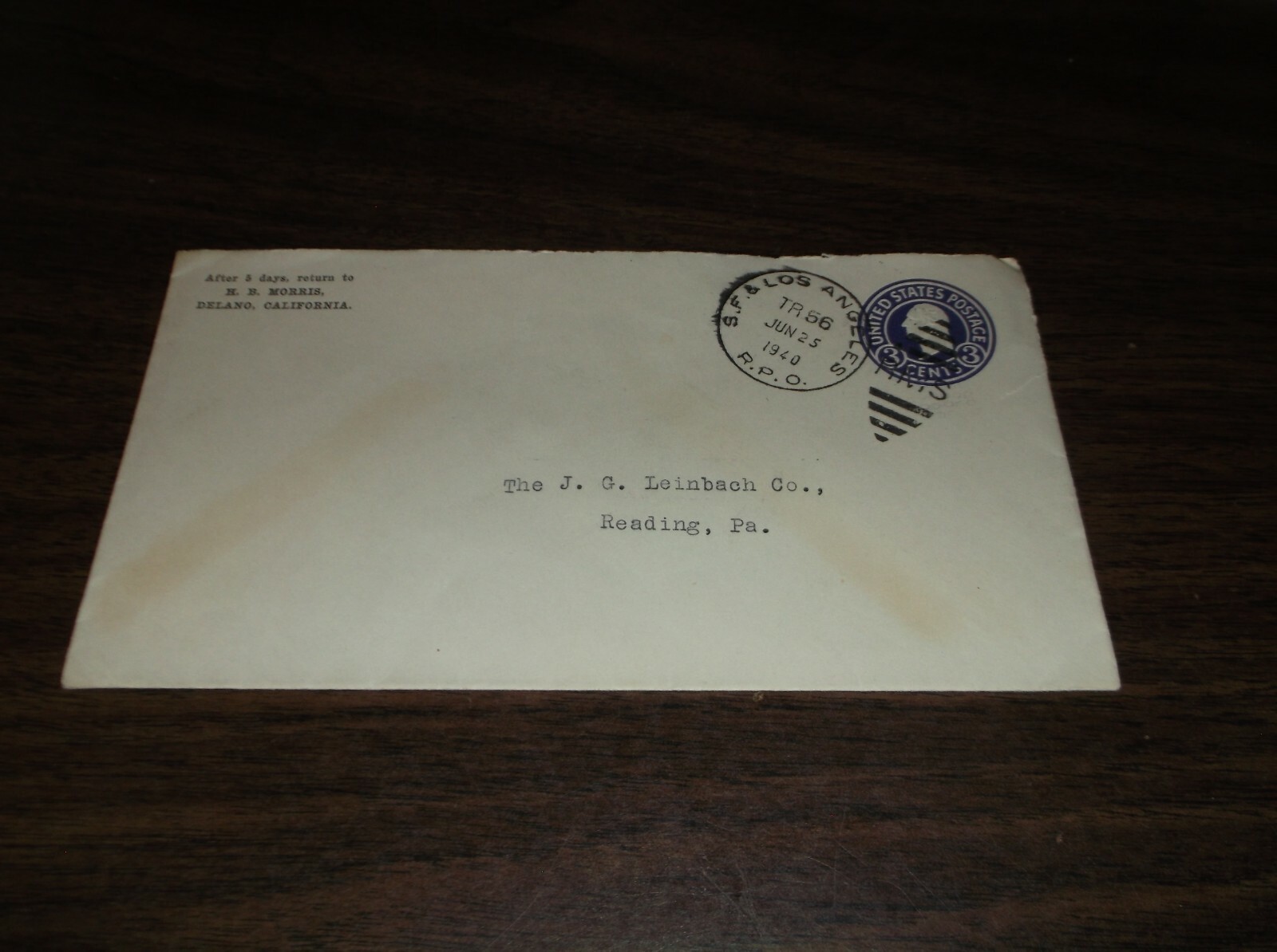 1940 SOUTHERN PACIFIC ENVELOPE TRAIN 56 SAN FRANCISCO & LOS ANGELES RPO ...