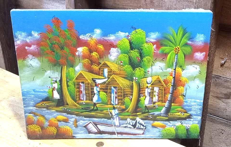 Vintage Hatian Oil Painting On Canvas Tropical Island Native | eBay